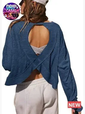 Tops | Long Sleeve Open Back Workout Top Boat Neck Athletic Yoga Tee ...